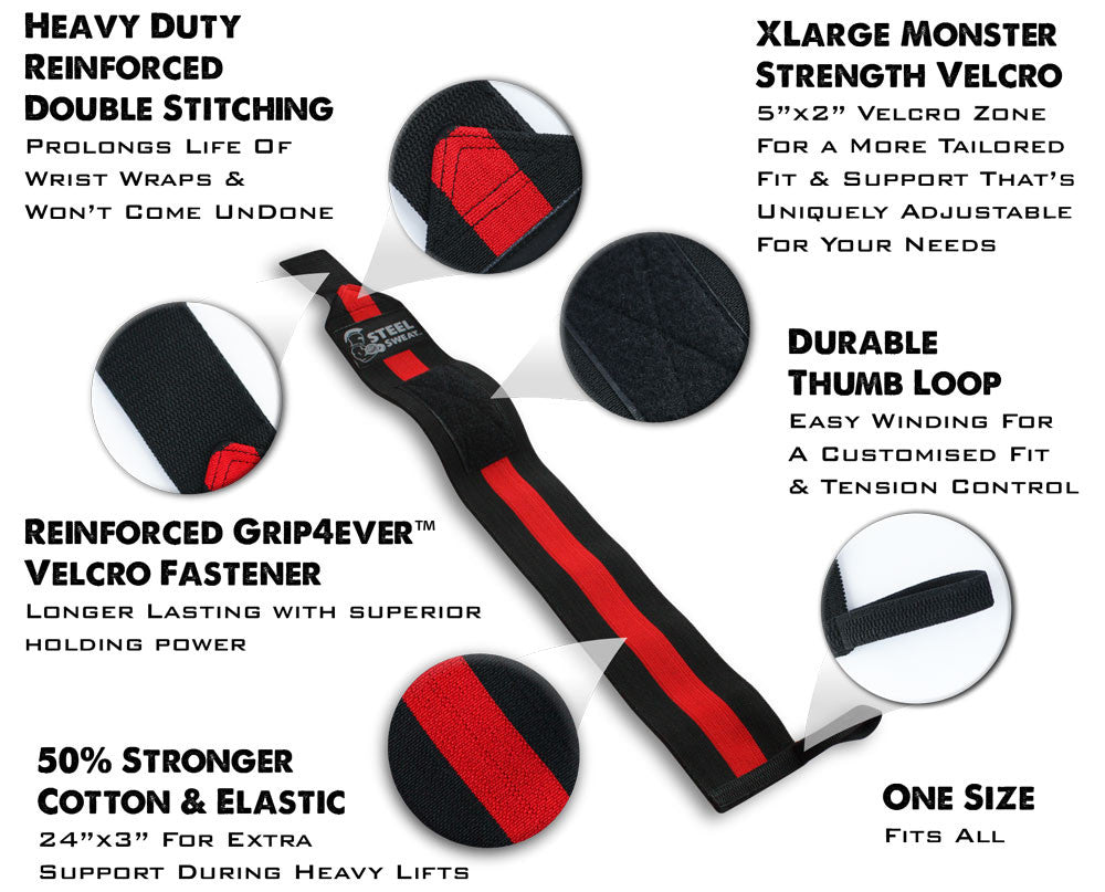 Steel Sweat Wrist Wraps -24" Red & Black | Wrist Support for Weightlifters